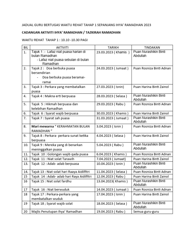 Jadual Aktiviti Ihya Ramadhan 2023 | PDF