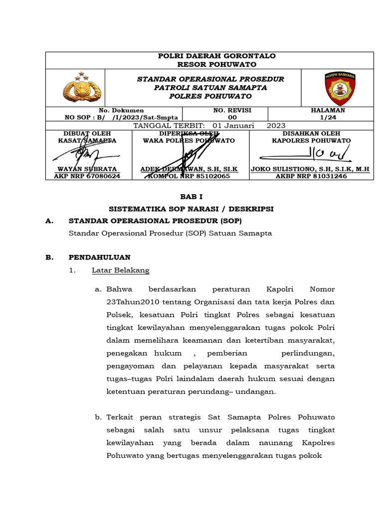 SOP Patroli Sat Samapta Pohuwato | PDF
