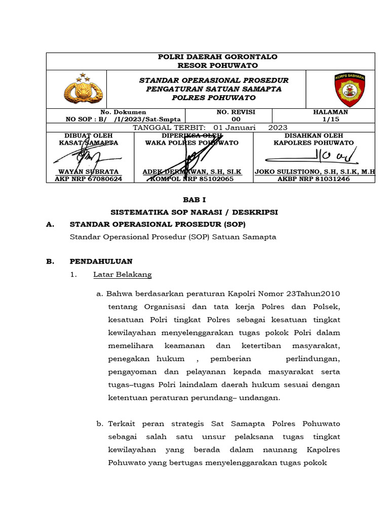SOP Satuan Samapta Polres Pohuwato | PDF