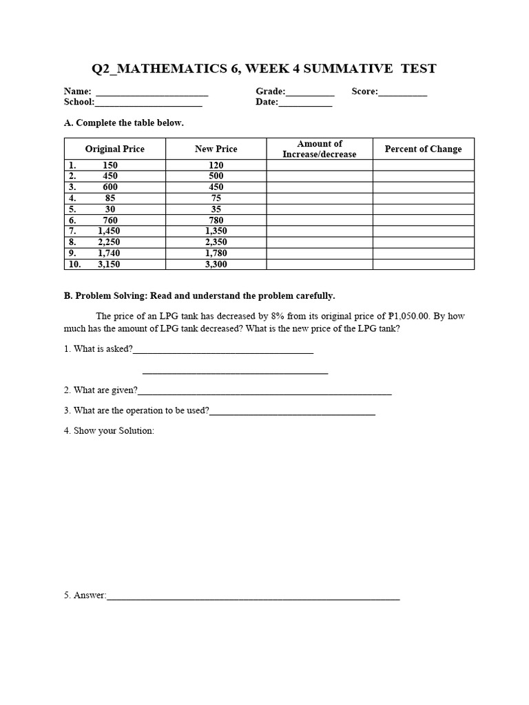 Grade 6 Math Price Change Test | PDF