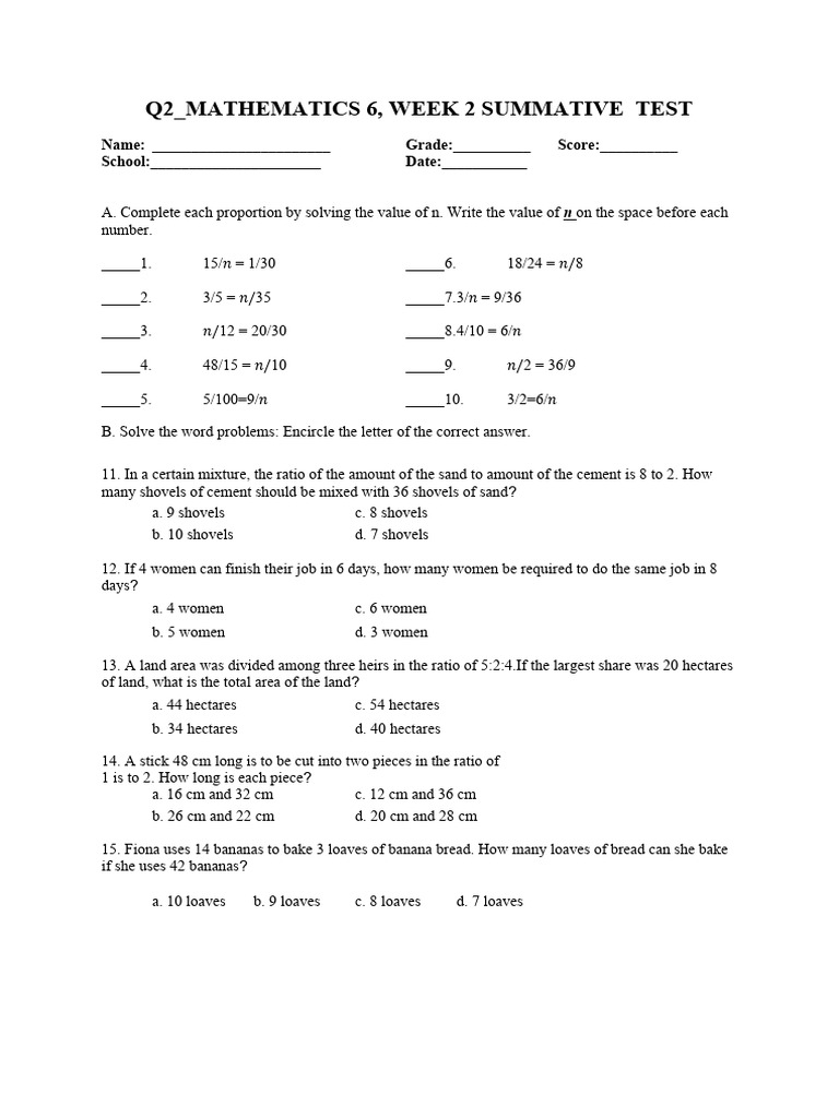 Grade 6 Math Proportion Test | PDF
