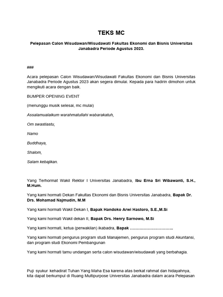 Teks MC Wisuda FEB Universitas Janabadra | PDF