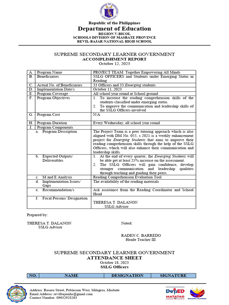 RBNHS - SSLG Project TEAM ACCOMPLISHMENT REPORT | PDF | Reading Comprehension | Leadership