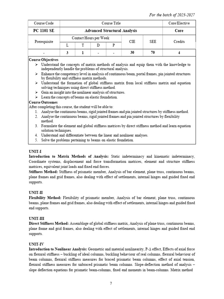 Advanced Structural Analysis - Syllabus | PDF | Structural Analysis | Beam (Structure)