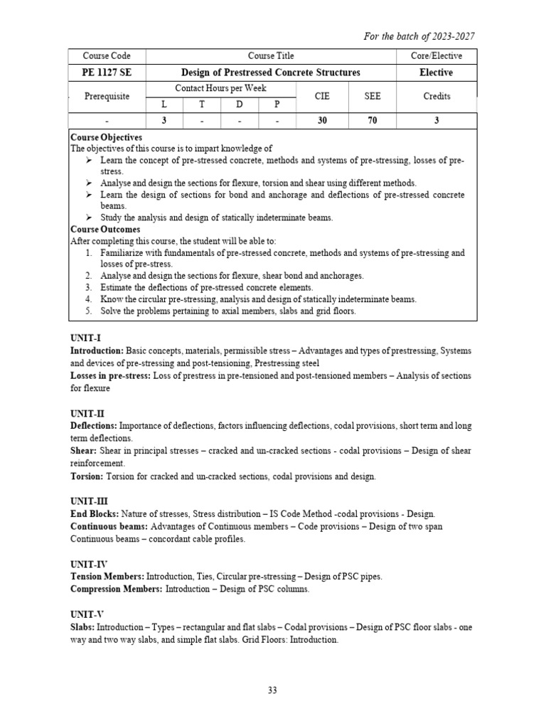 Design of Prestressed Concrete Structures - Syllabus | Download Free ...