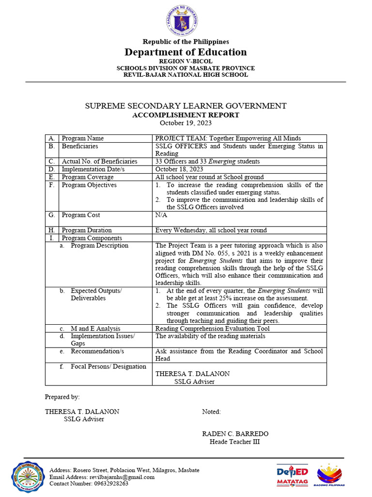 RBNHS-SSLG Project TEAM ACCOMPLISHMENT REPORT 2 | PDF