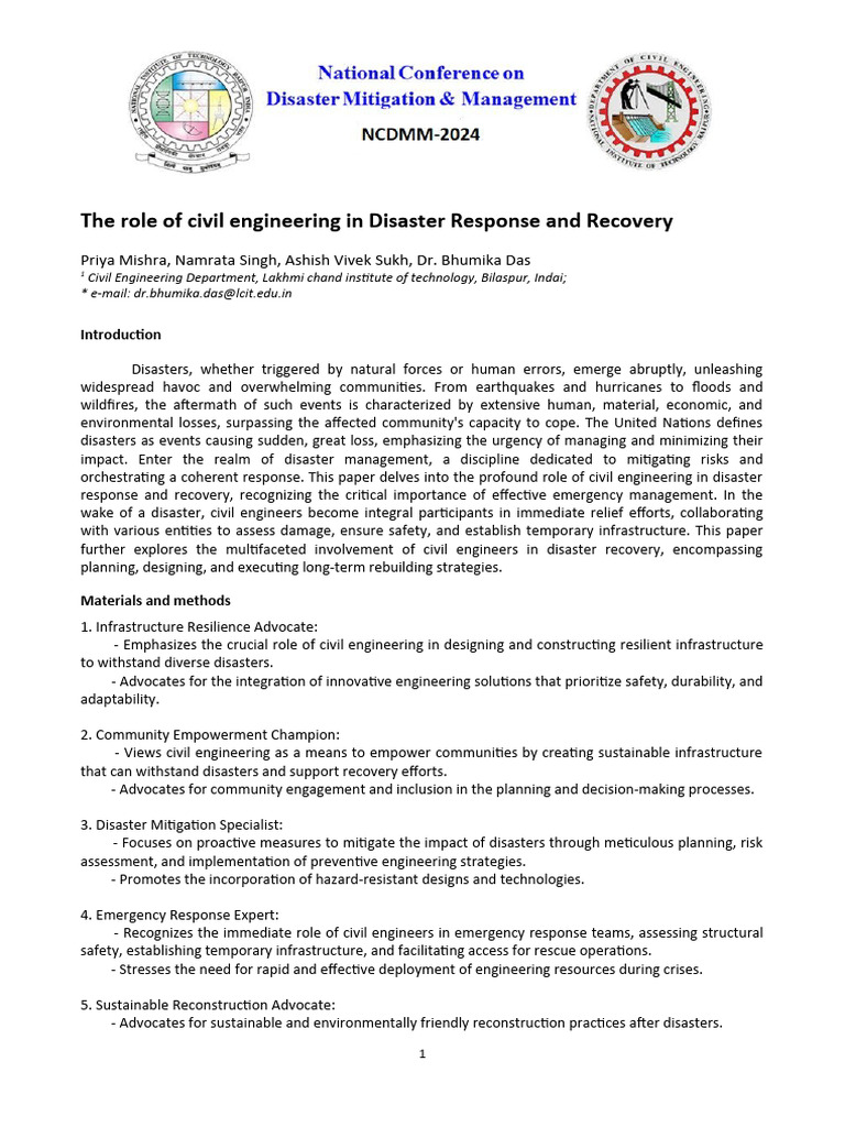NCDMM The Role of Civil Engineering in Disaster Response and Recovery ...
