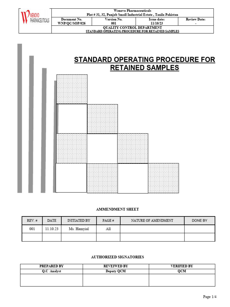 Wnp-Qc-Sop-026 Procedure For Retain Samples | PDF