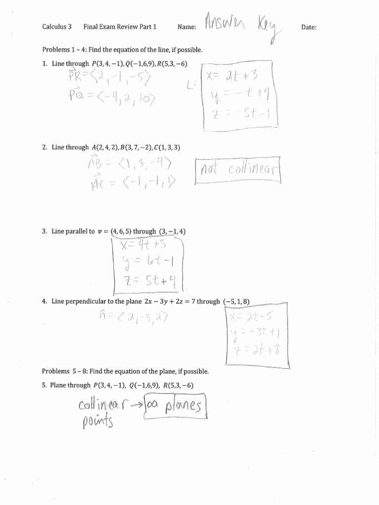 Calc 3 Final Exam Review Part 1 Answers | PDF