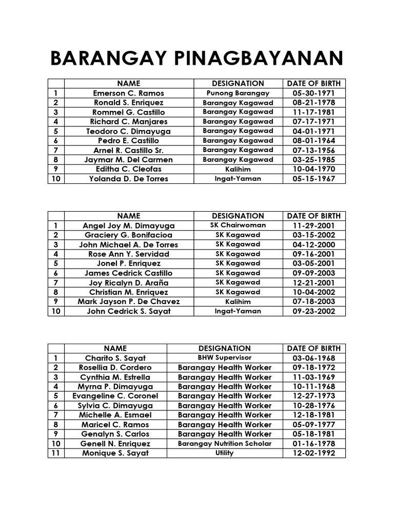 Barangay Pinagbayanan Officials List | PDF