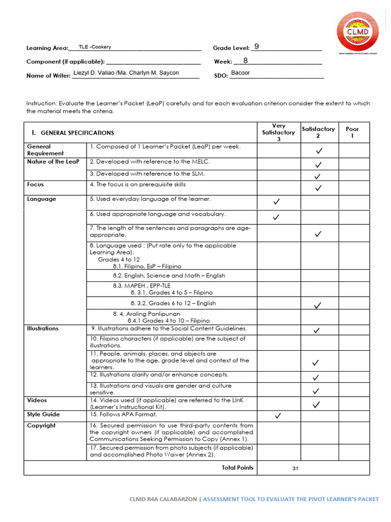 Evaluation Form Cookery9 Week8 | PDF | Learning | Critical Thinking
