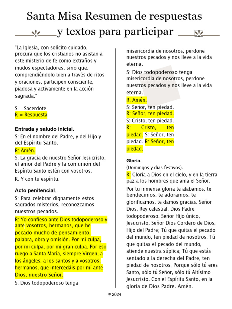 Santa Misa Resumen de Respuestas y Textos para Participar | PDF ...