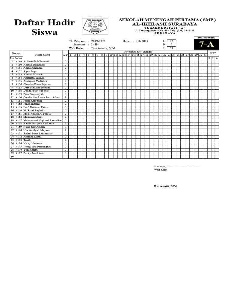 Daftar Hadir Siswa SMP Al-Ikhlash | PDF