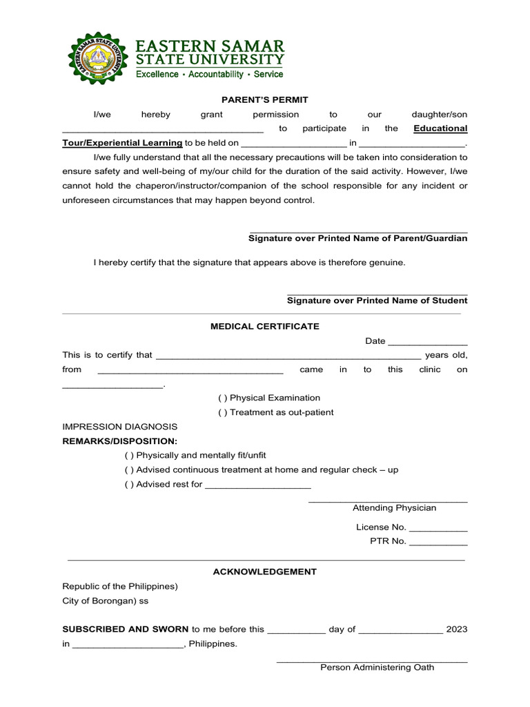 Parents Permit and Medical Certificate | Download Free PDF | Medicine | Health Care