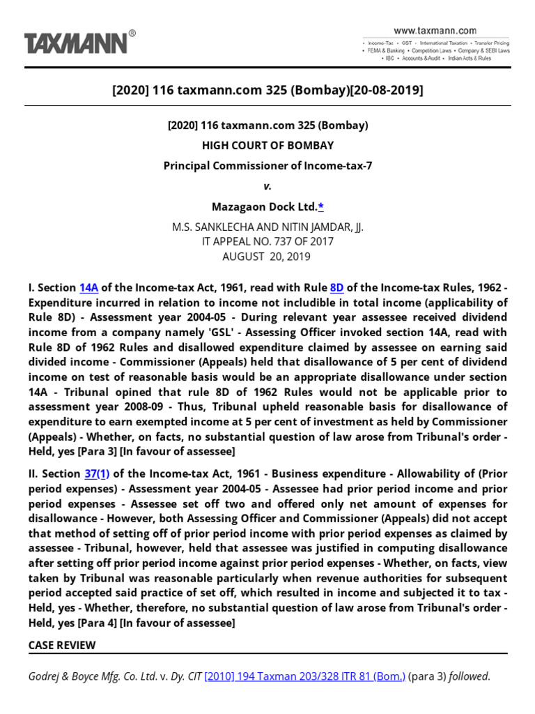 2020 116 Taxmann Com 325 Bombay 20 08 2019 Principal Commissioner of ...