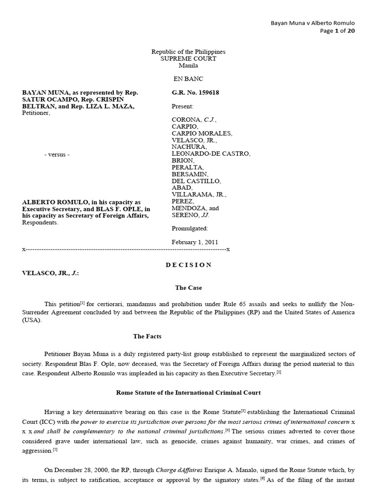 Supreme Court Case: Bayan Muna vs. Romulo | PDF | Treaty | International Criminal Court