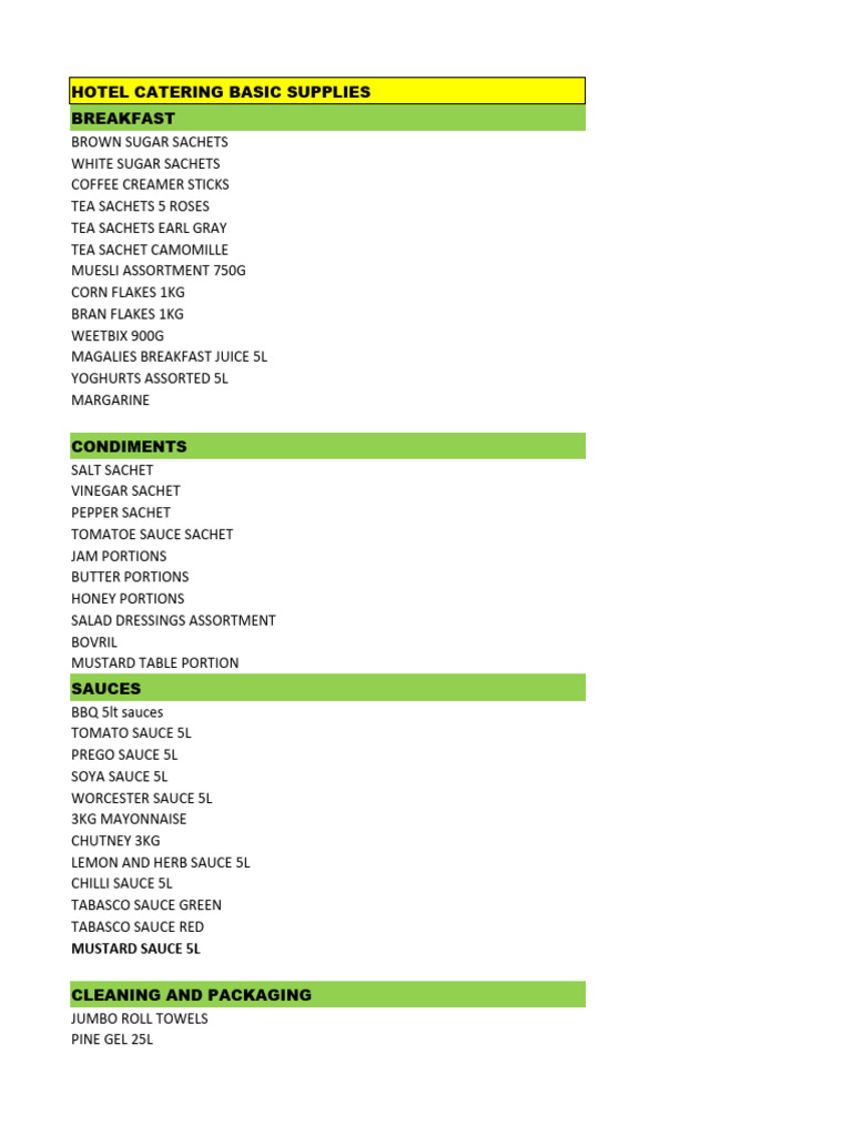 Hotel Catering Supply List | PDF
