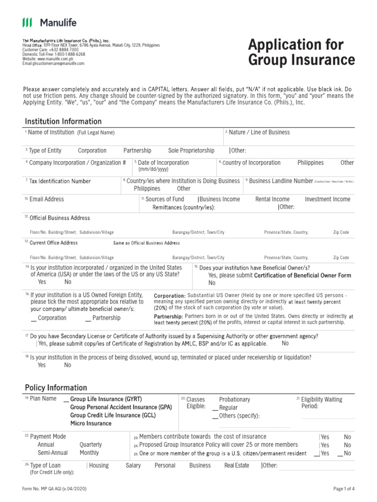 Group Insurance Application Form | PDF | Insurance | Employment