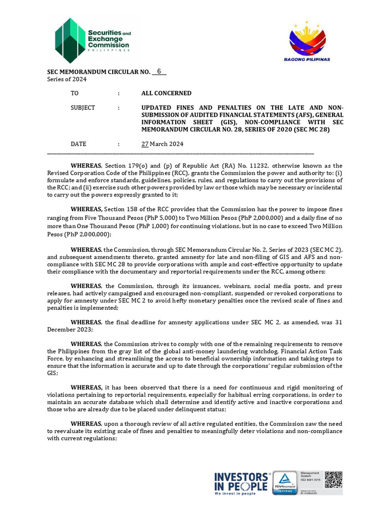 2024MC - SEC MC No. 6 S. of 2024 Updated Fines and Penalties On The ...
