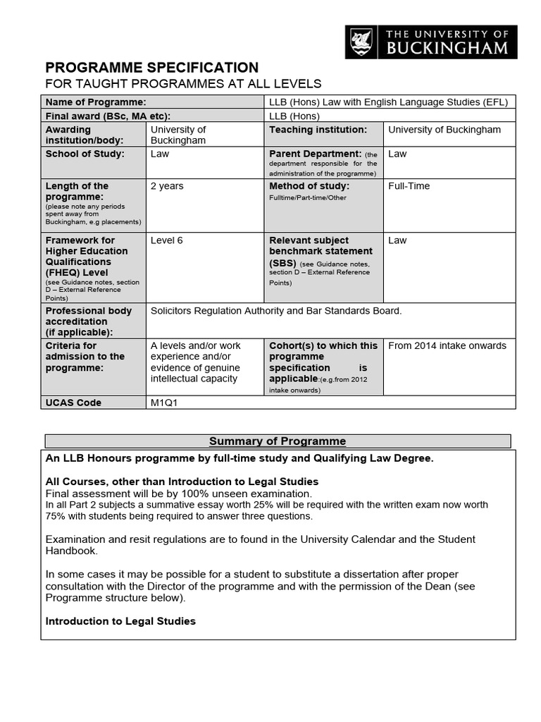 1.6 LLB Law With English Language Studies EFL Programme Specification | PDF