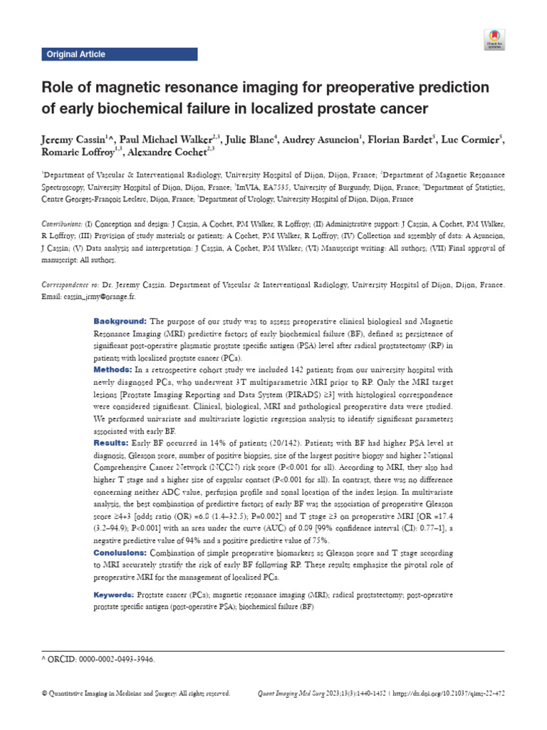 Role of Magnetic Resonance Imaging For Preoperative Prediction of Early Biochemical Failure in ...