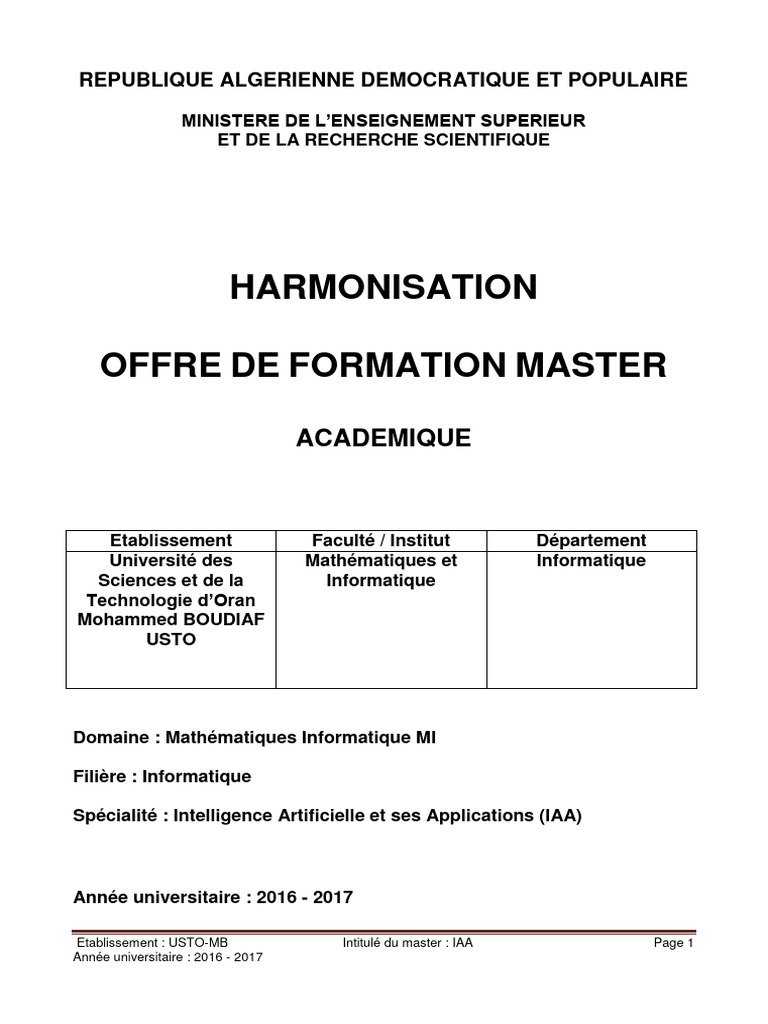 Master IAA à USTO-MB : Formation Informatique | PDF | Analyse des ...