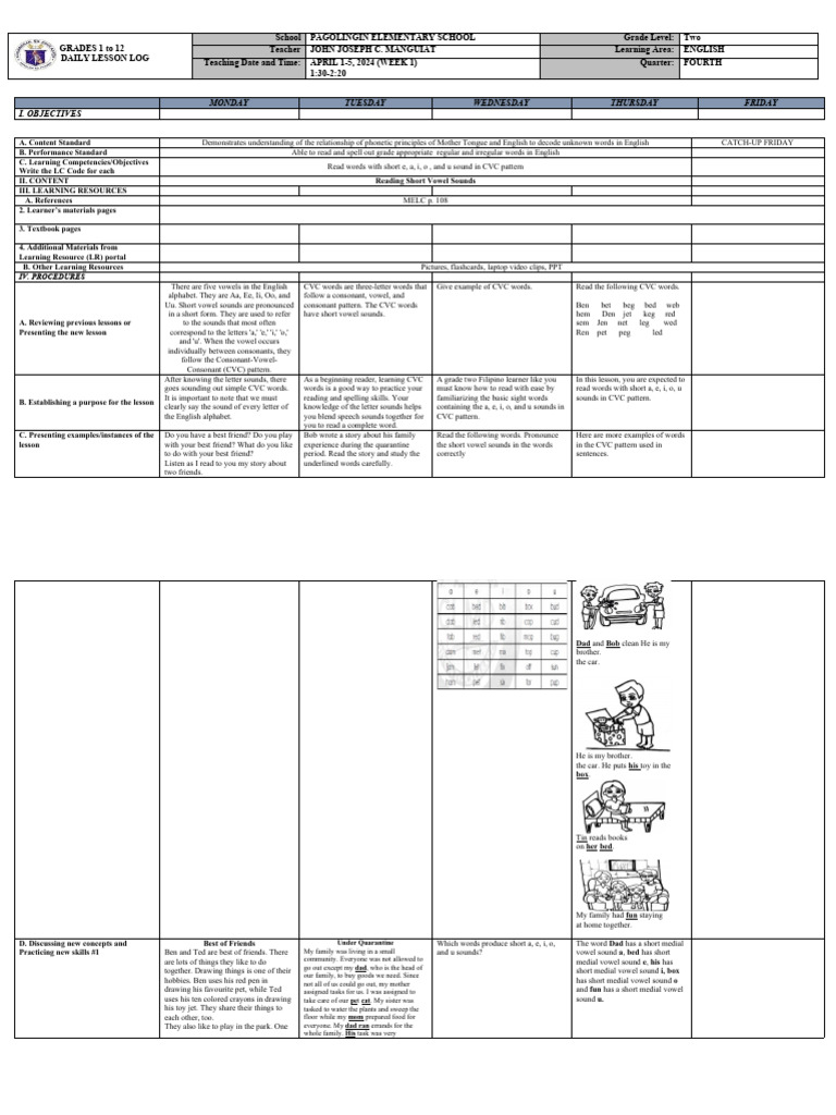 DLL English Q4 W1 | PDF | Consonant | English Language