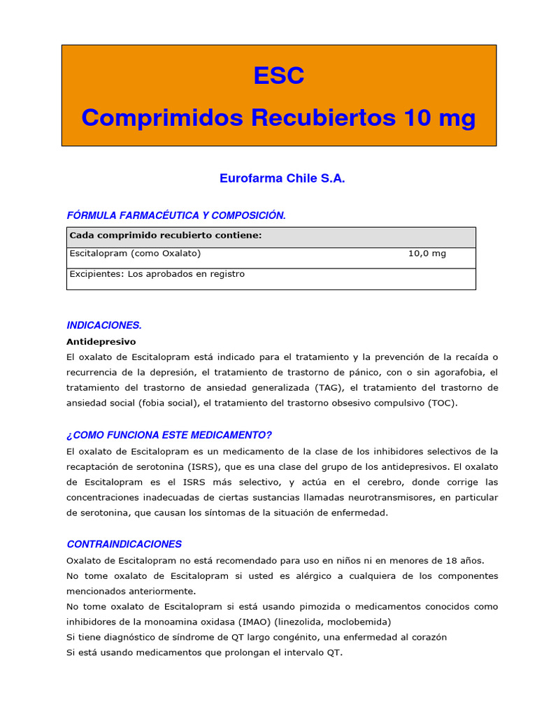 Escitalopram 10 mg: Indicaciones y Precauciones | PDF | Antidepresivo ...