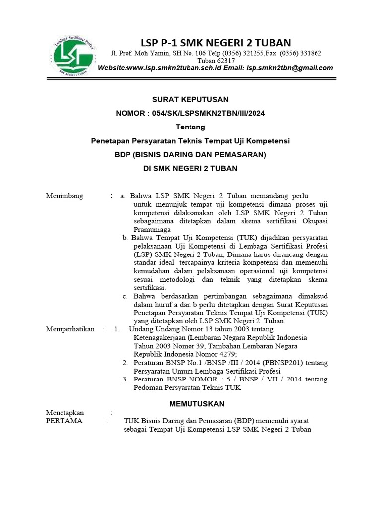 SK Persyaratan Tekni TUK BDP Rev | PDF