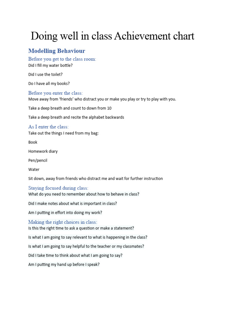 Doing Well in Class Achievement Chart | PDF
