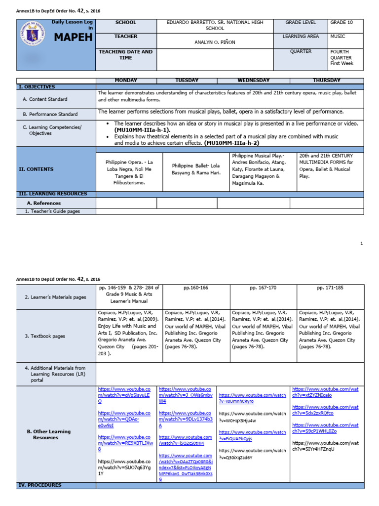 Grade 10 MAPEH Daily Lesson Log | PDF | Multimedia