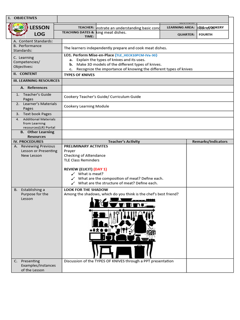 Knife Skills Lesson Plan for TLE Cookery | PDF | Learning | Teachers