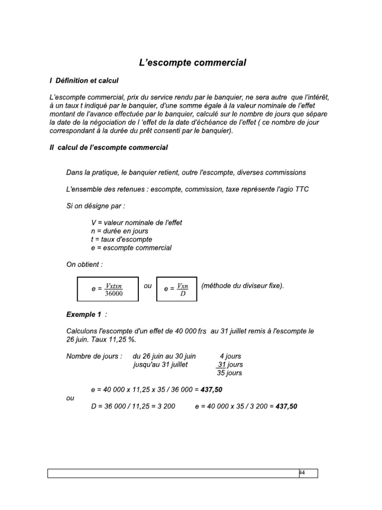 Chapitre 4 Escompte Commercial A Imprimer | PDF