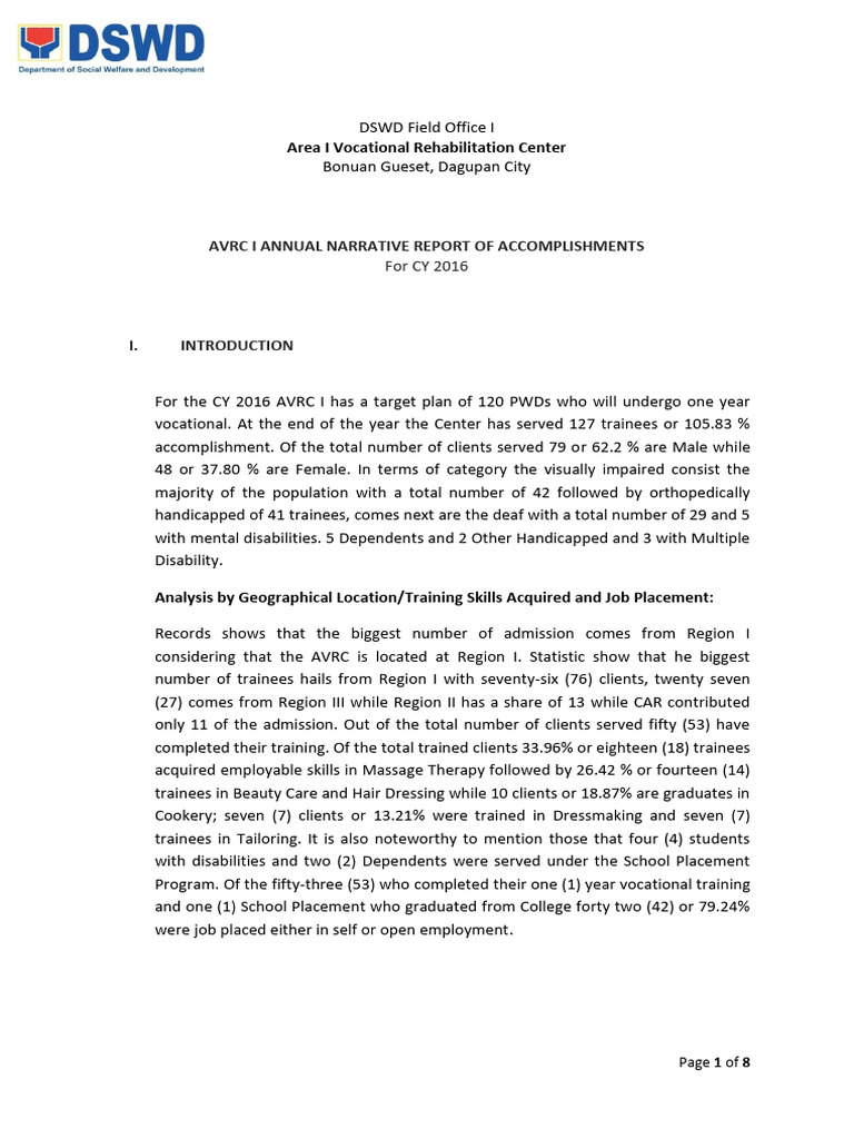 AVRC I 2016 Annual Accomplishments Report | PDF | Disability | Physical ...
