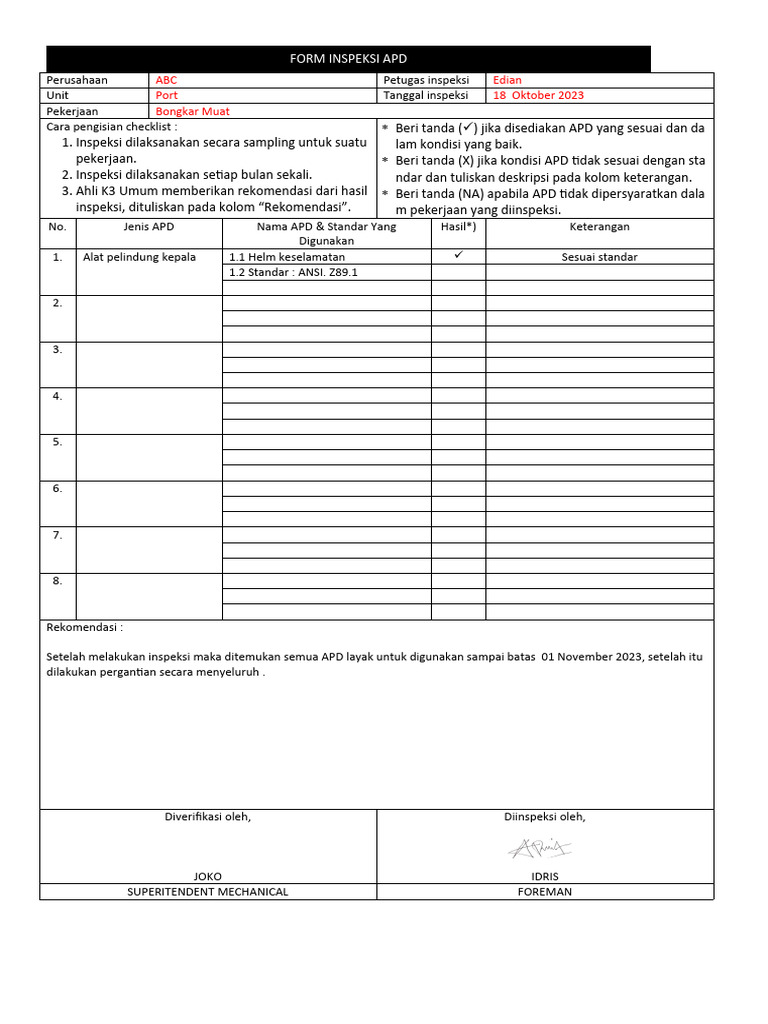 Form Inspeksi APD | PDF