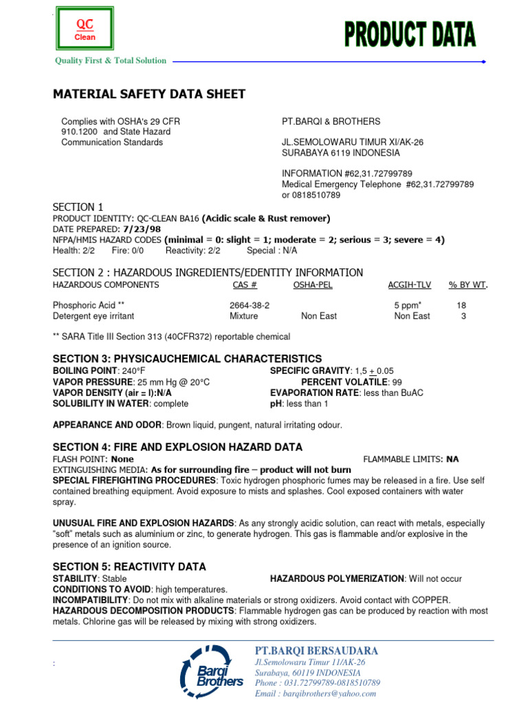 MSDS Ba-16 | PDF | Water | Chemical Substances