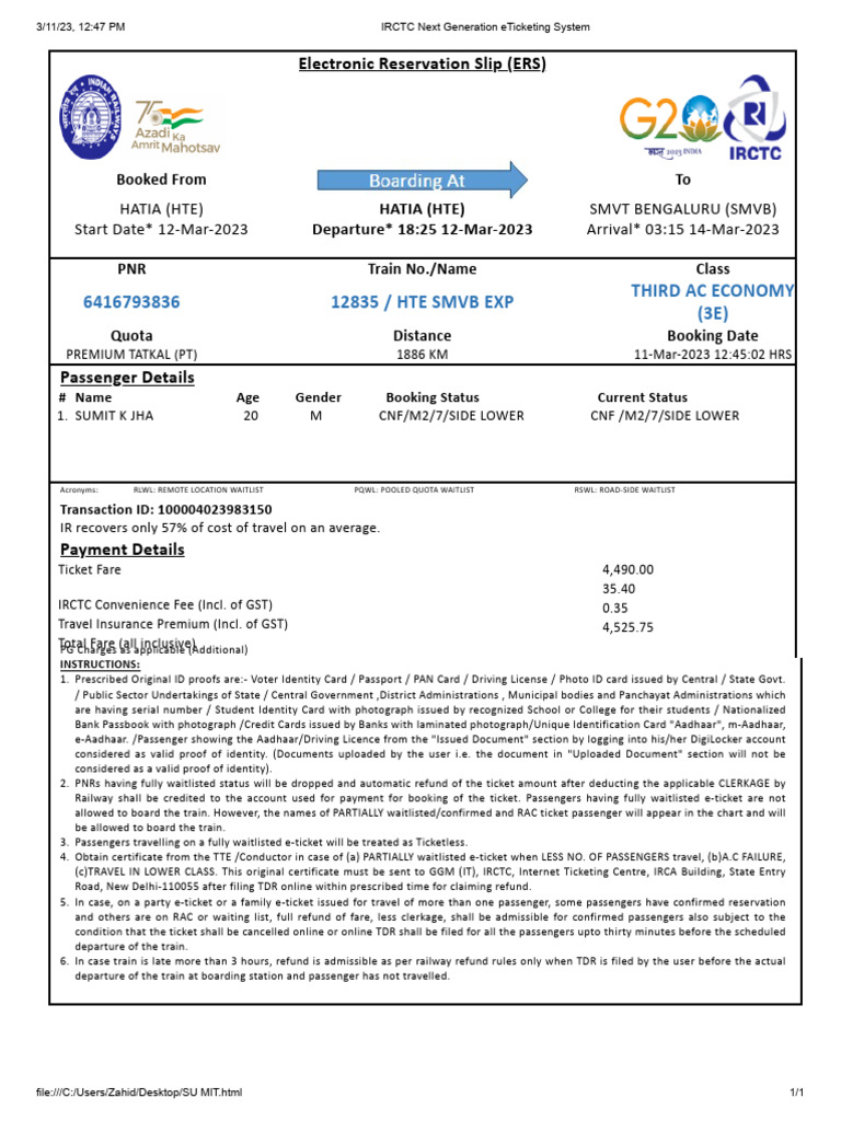Sumit K Jha Hte SMVB | PDF | Identity Document | Ticket (Admission)