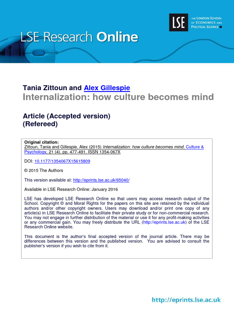 Internalization: How Culture Becomes Mind: Tania Zittoun and | PDF ...