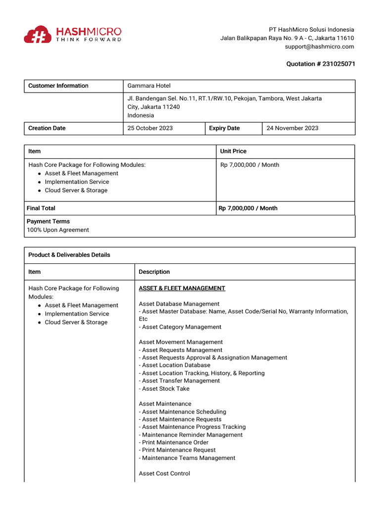 Quotation - Asset Management Gammara Hotel | PDF | Cloud Computing | Databases