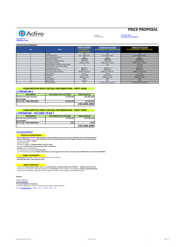 Quotation ACTIVO CLOUD | PDF | Cloud Computing | Subscription Business ...