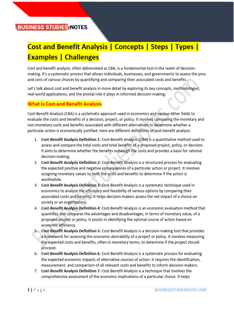 Cost And Benefit Analysis Concepts Steps Types Examples Challenges Pdf