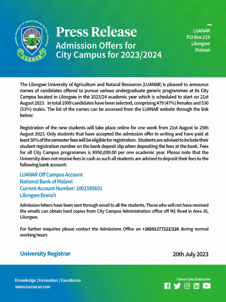 LUANAR City Campus - 2023-2024 - Intake - July 2023 | PDF