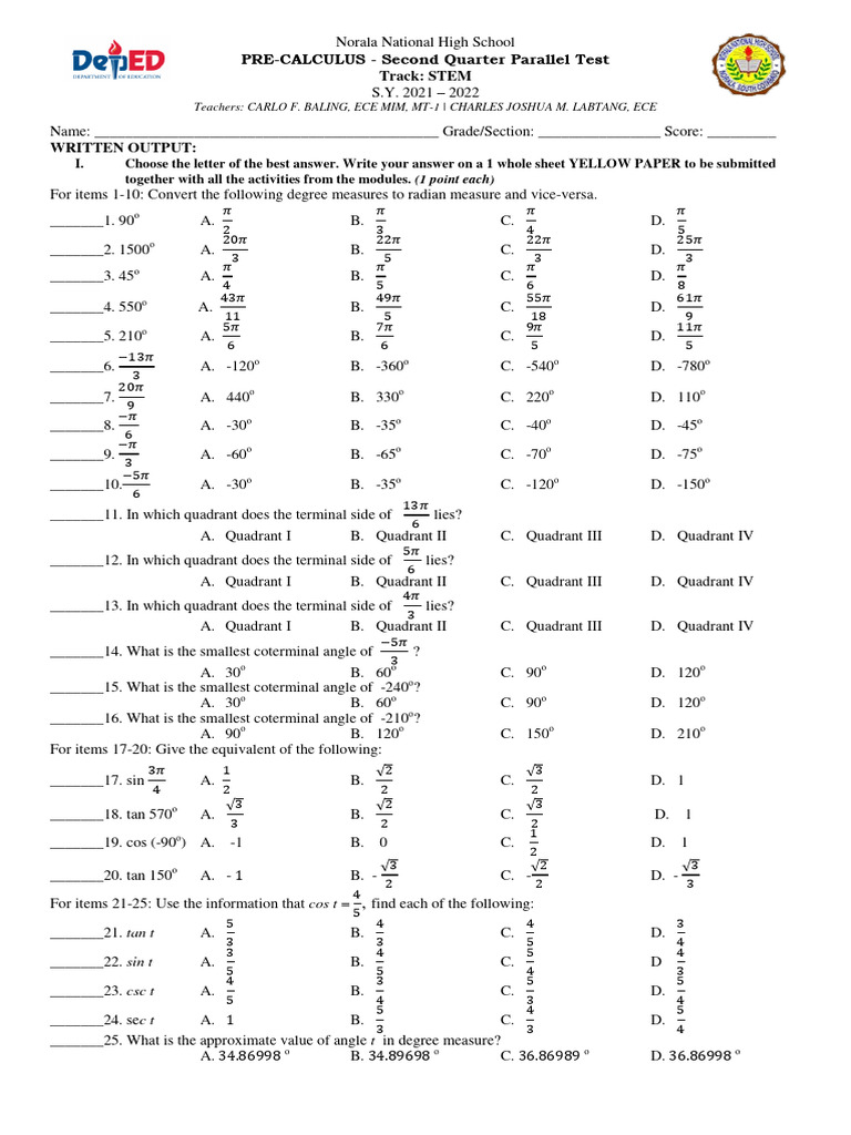Pre-Calculus Parallel Test: STEM Track | PDF | Trigonometric Functions ...