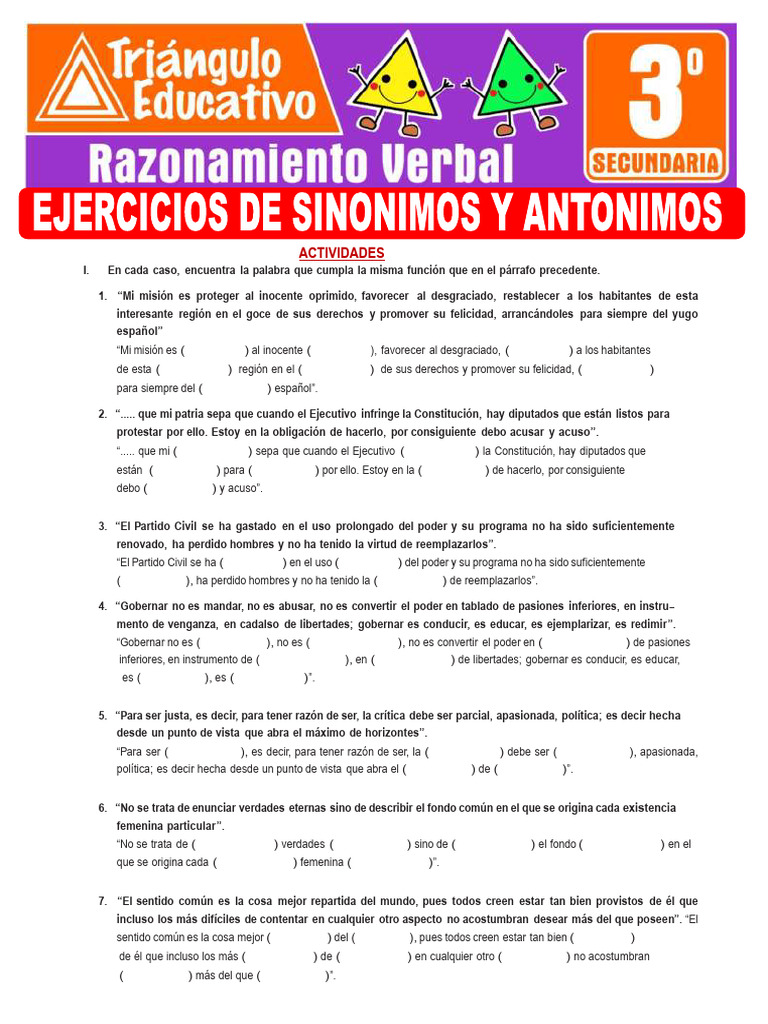 Ejercicios de Sinonimos y Antonimos para Tercer Grado de Secundaria ...
