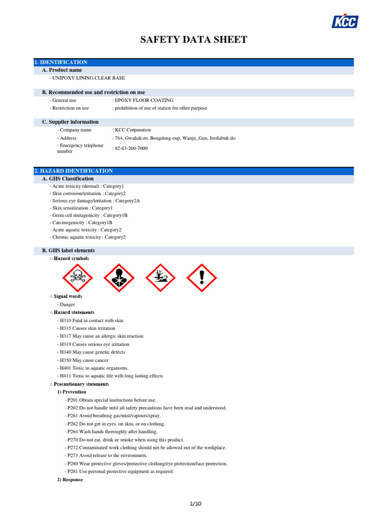 MSDS Unipoxi Lining Clear | PDF | Waste | Dangerous Goods