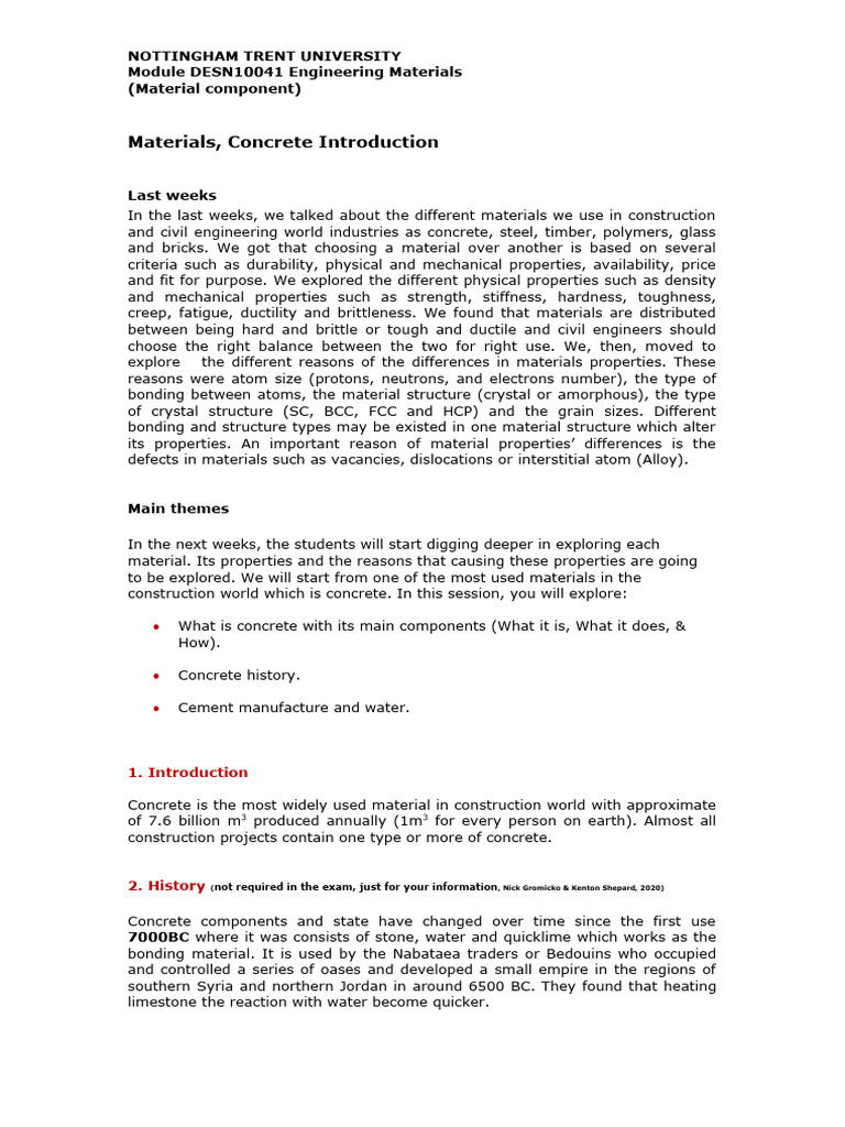 Session 5. Materials, Concrete Introduction - Notes | PDF | Concrete ...