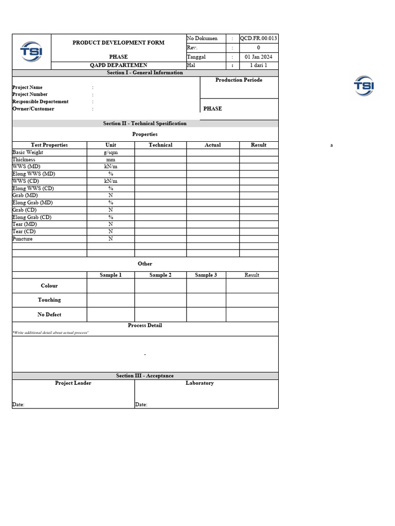 Form Product Development - Phase - QCD - FR.00.013 | PDF