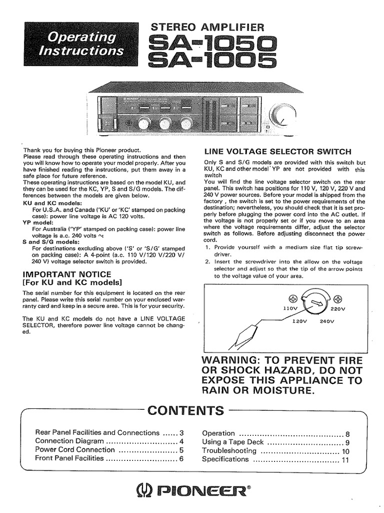 Pioneer SA 1050 Owners Manual | PDF