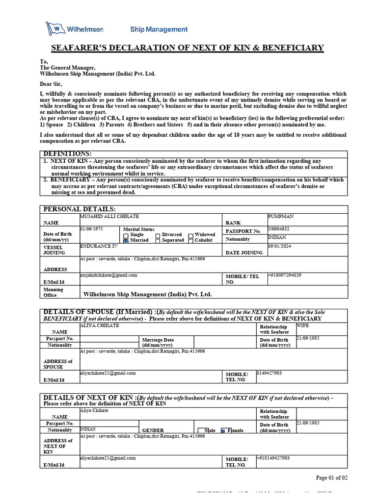 Nok-Seafarers Declaration of Next of Kin Beneficiary | PDF | Marriage, Unions And Partnerships ...
