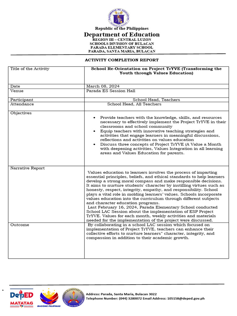 Acr Pes Re Orientation On Project Tryve | PDF | Teachers | Learning